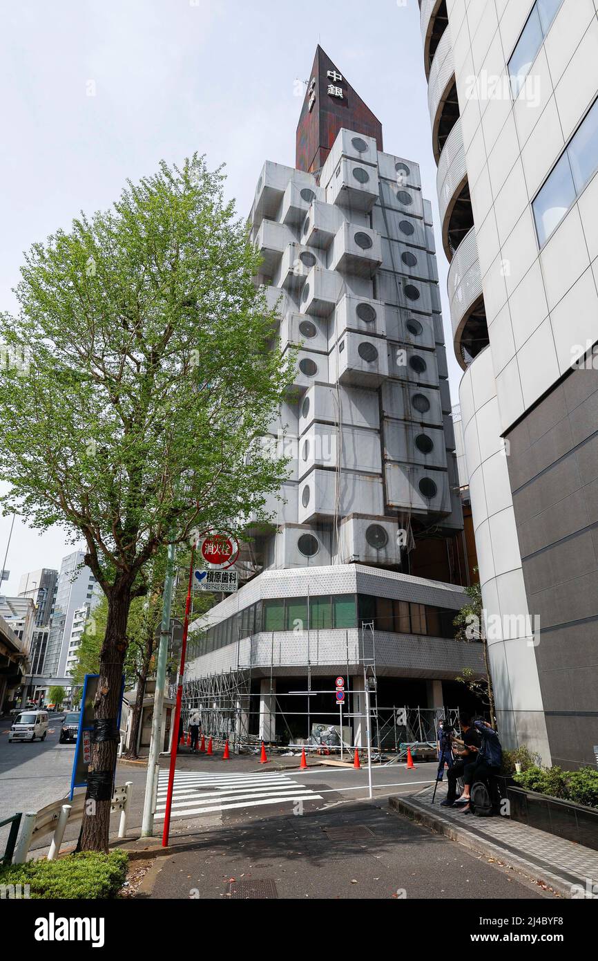 Tokyo, Japan. 13th Apr, 2022. Demolition works start at Nakagin Capsule Tower in Ginza. The ...