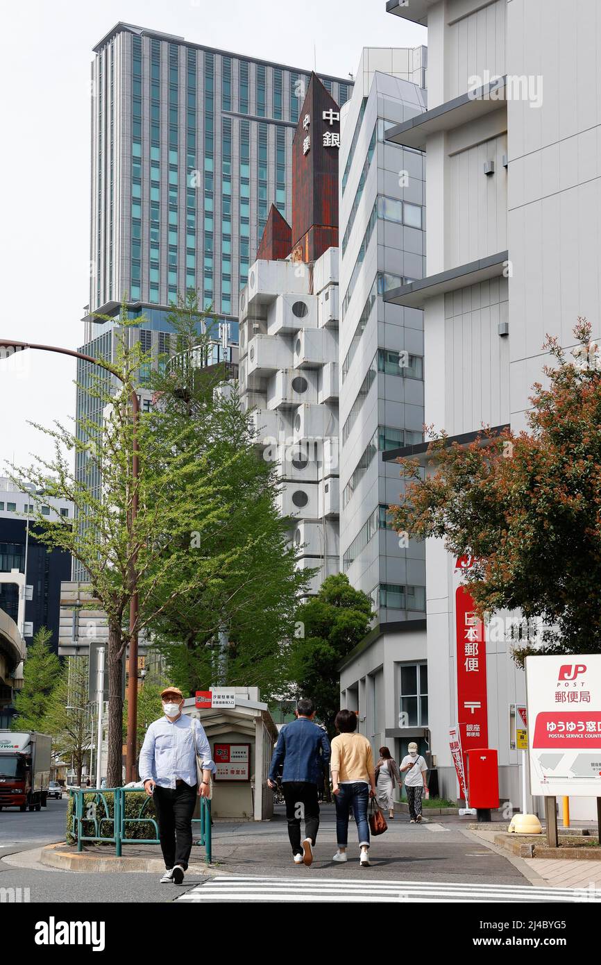 Tokyo, Japan. 13th Apr, 2022. Demolition works start at Nakagin Capsule Tower in Ginza. The ...