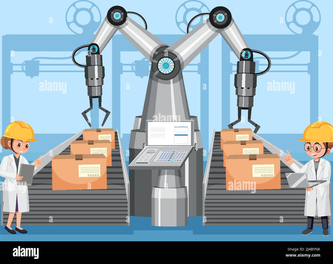 Automation industry concept with assembly line robots illustration ...
