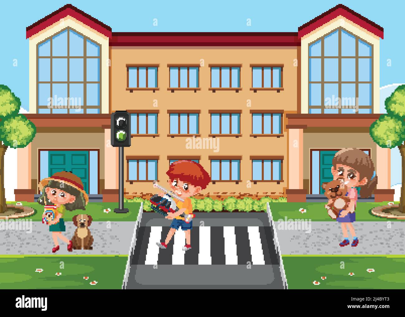 Crosswalk outdoor scene with cartoon character illustration Stock ...