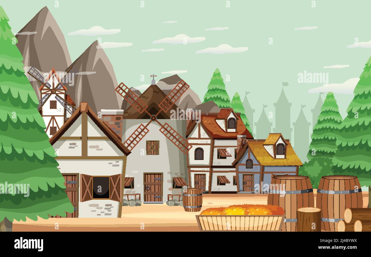 Medieval house with windmill scene illustration Stock Vector Image ...