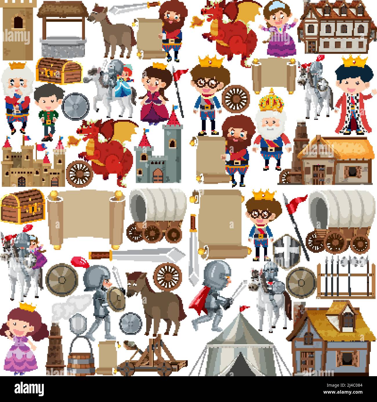 Medieval characters buildings set illustration Stock Vector Image & Art ...
