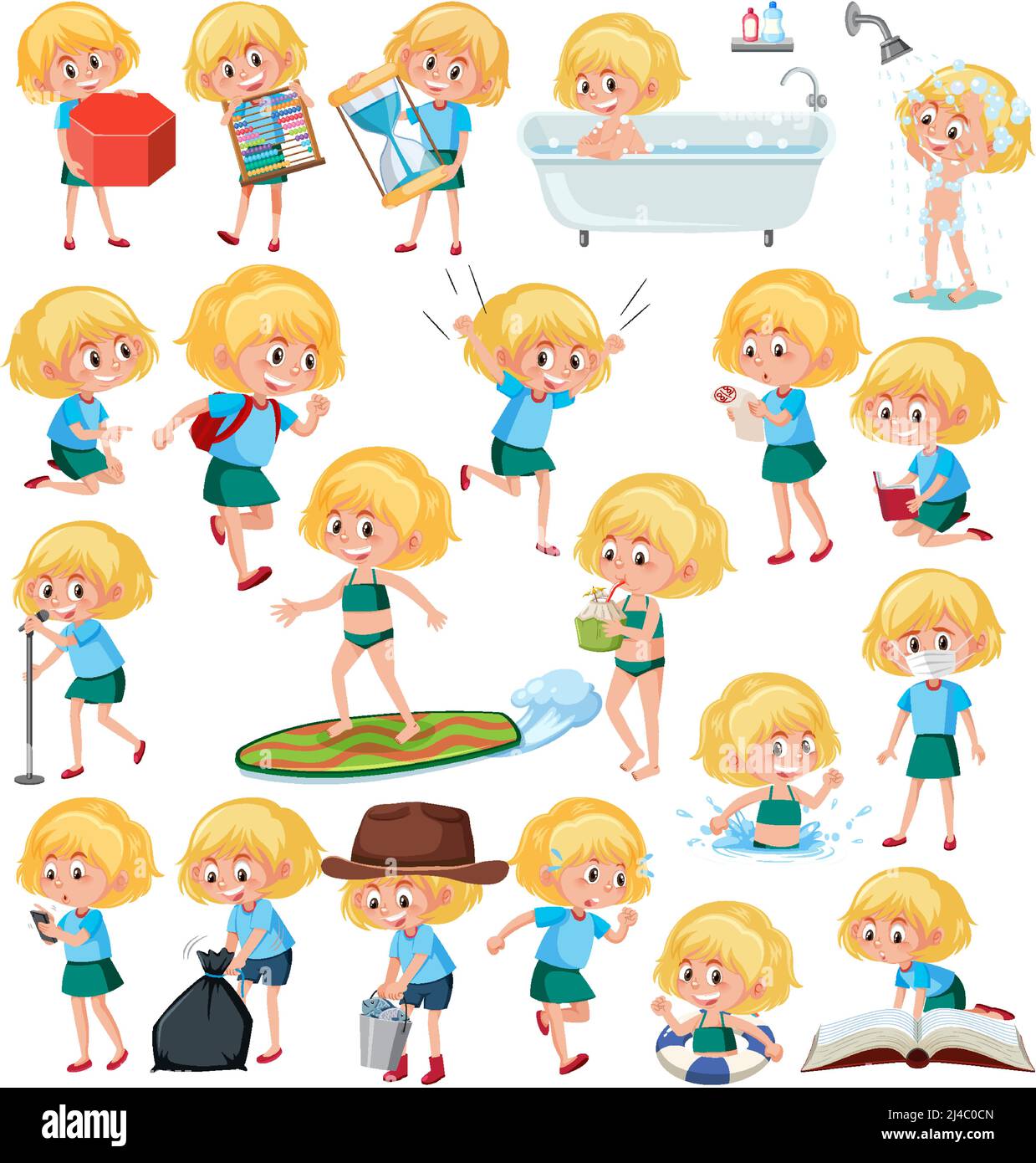 Set of girls doing activitys on white background illustration Stock ...