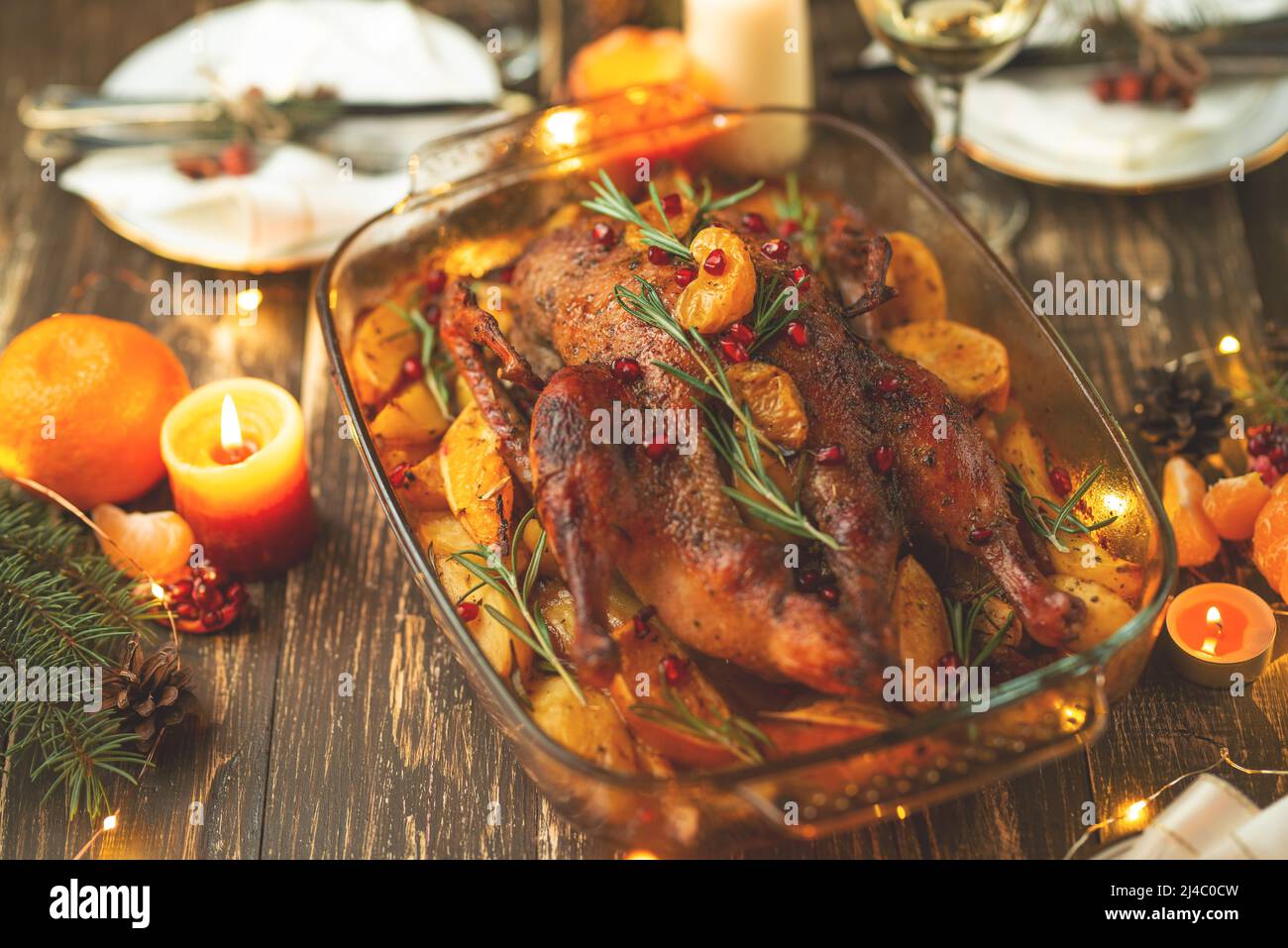 Roast duck. Thanksgiving table served with turkey, decorated with ...
