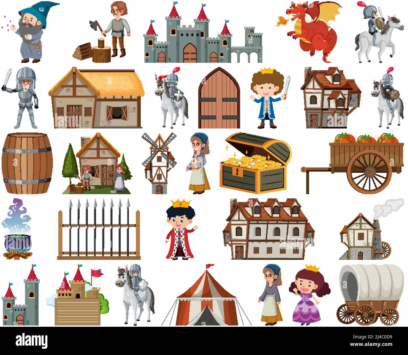 Medieval characters buildings set illustration Stock Vector Image & Art ...
