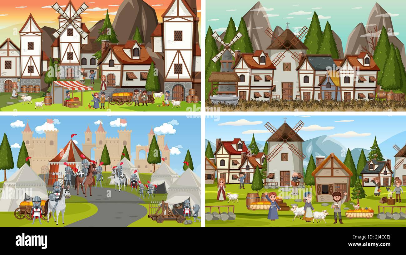 Set of different scene medieval illustration Stock Vector Image & Art ...
