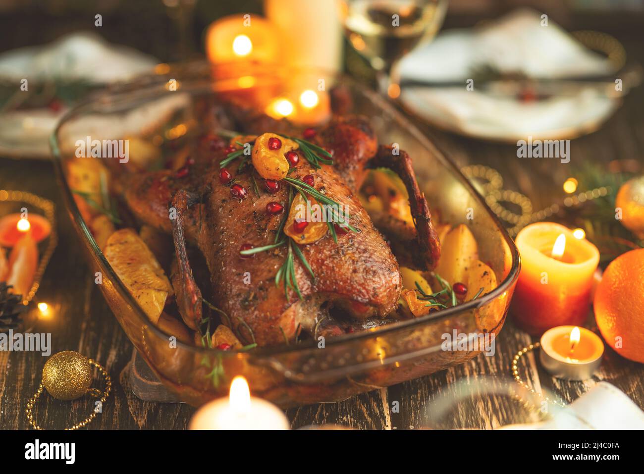 Fried festive duck, or chicken. Background for a menu or a book of ...