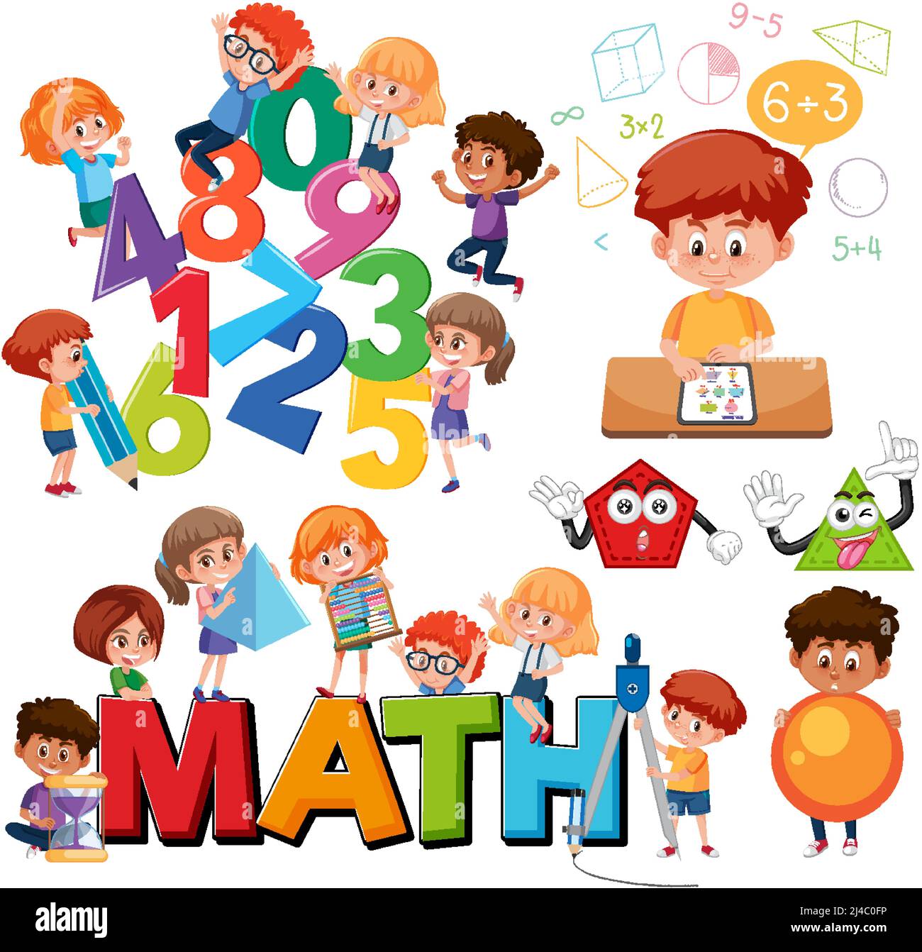 Math classroom objects with supplies and students illustration Stock ...