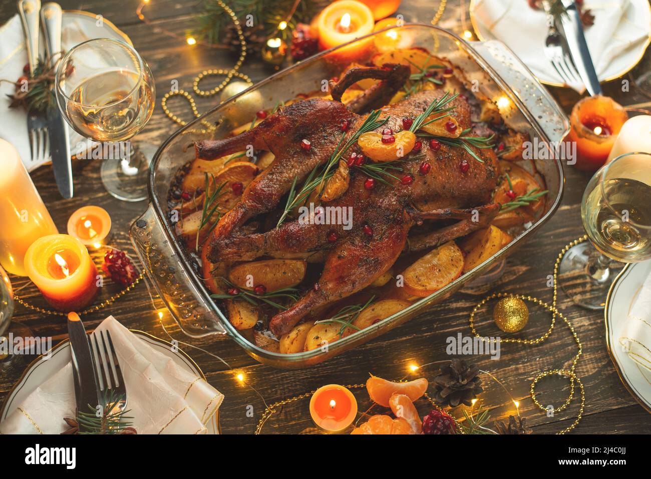 Roast duck. Thanksgiving table served with turkey, decorated with ...