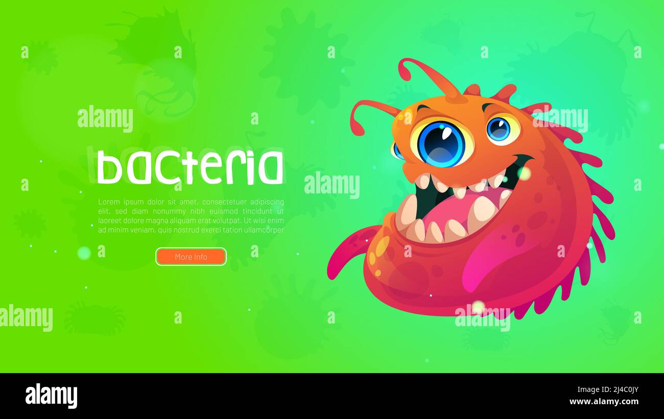 Funny bacteria or germ cartoon web banner. Spooky virus cell character ...