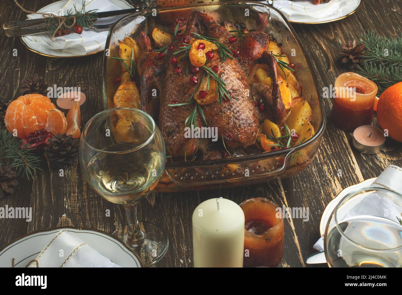 Fried festive duck, or chicken. Background for a menu or a book of ...