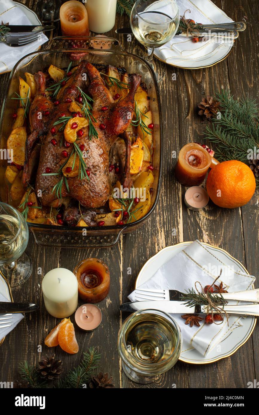 Roast duck. Thanksgiving table served with turkey, decorated with ...