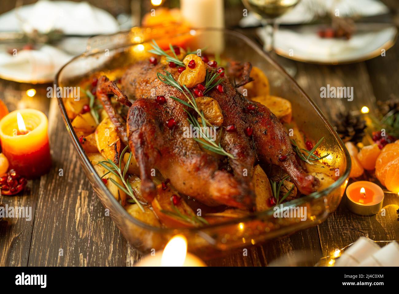Roast duck. Thanksgiving table served with turkey, decorated with ...