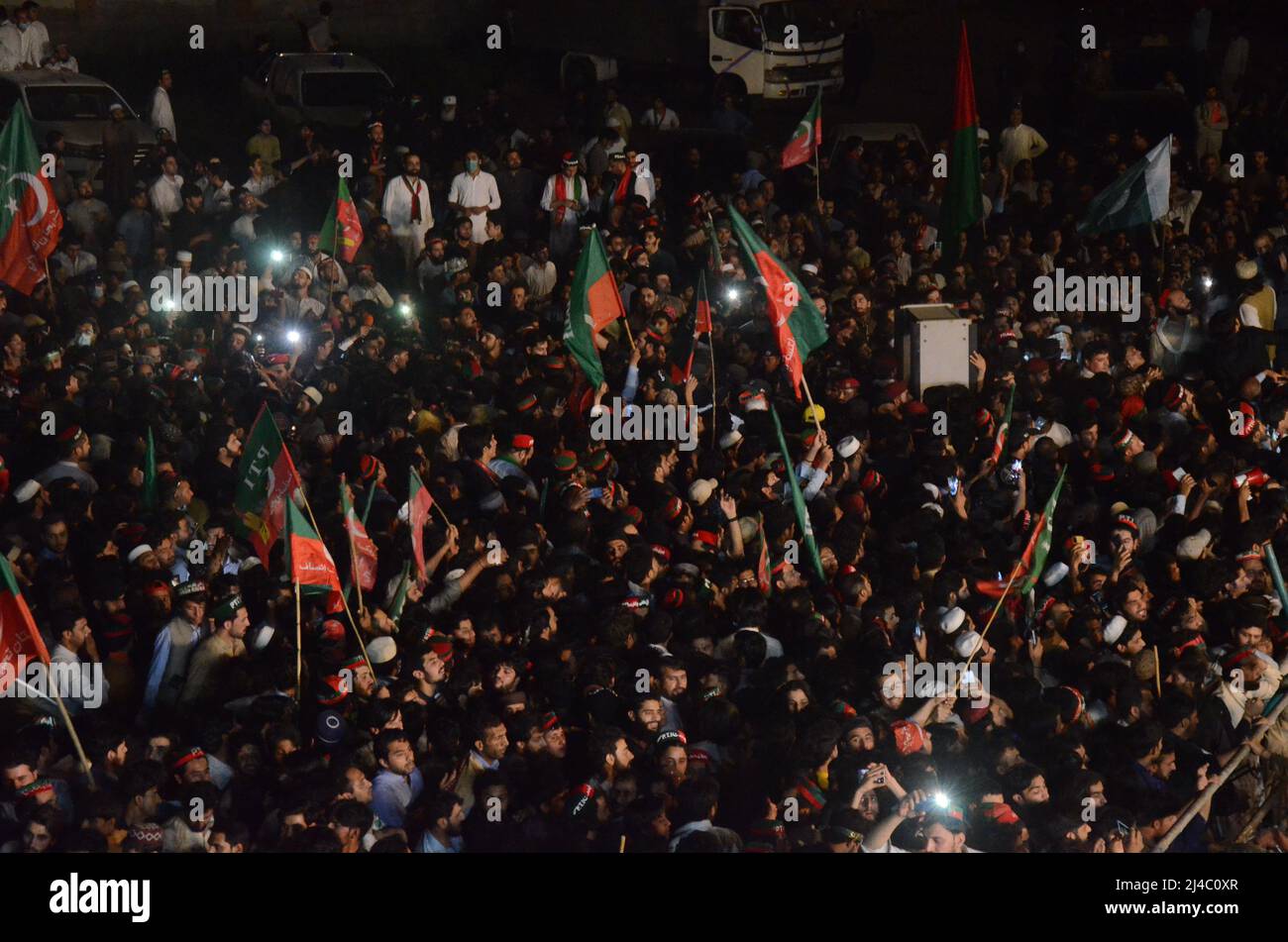 Peshawar, Khyber Pakhtunkhwa, Pakistan. 13th Apr, 2022. Supporters of ...