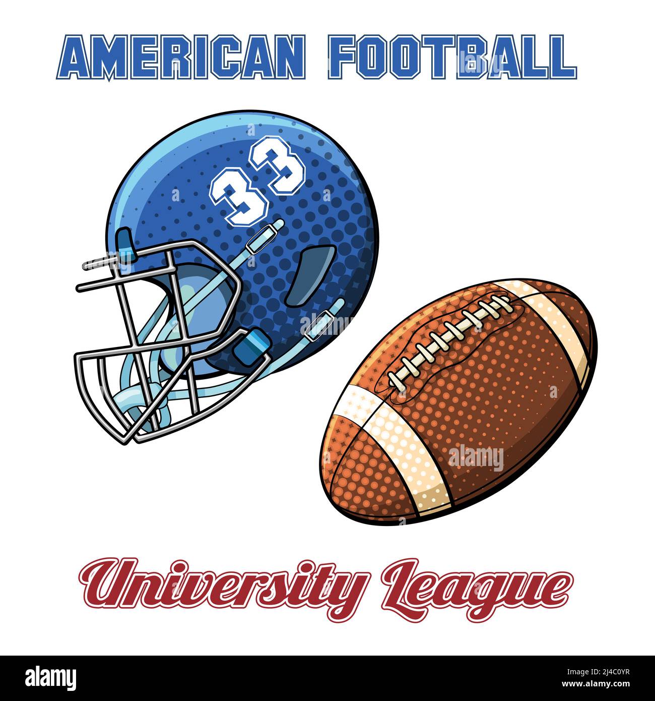 Blue helmet with the number and the ball for American football on a ...