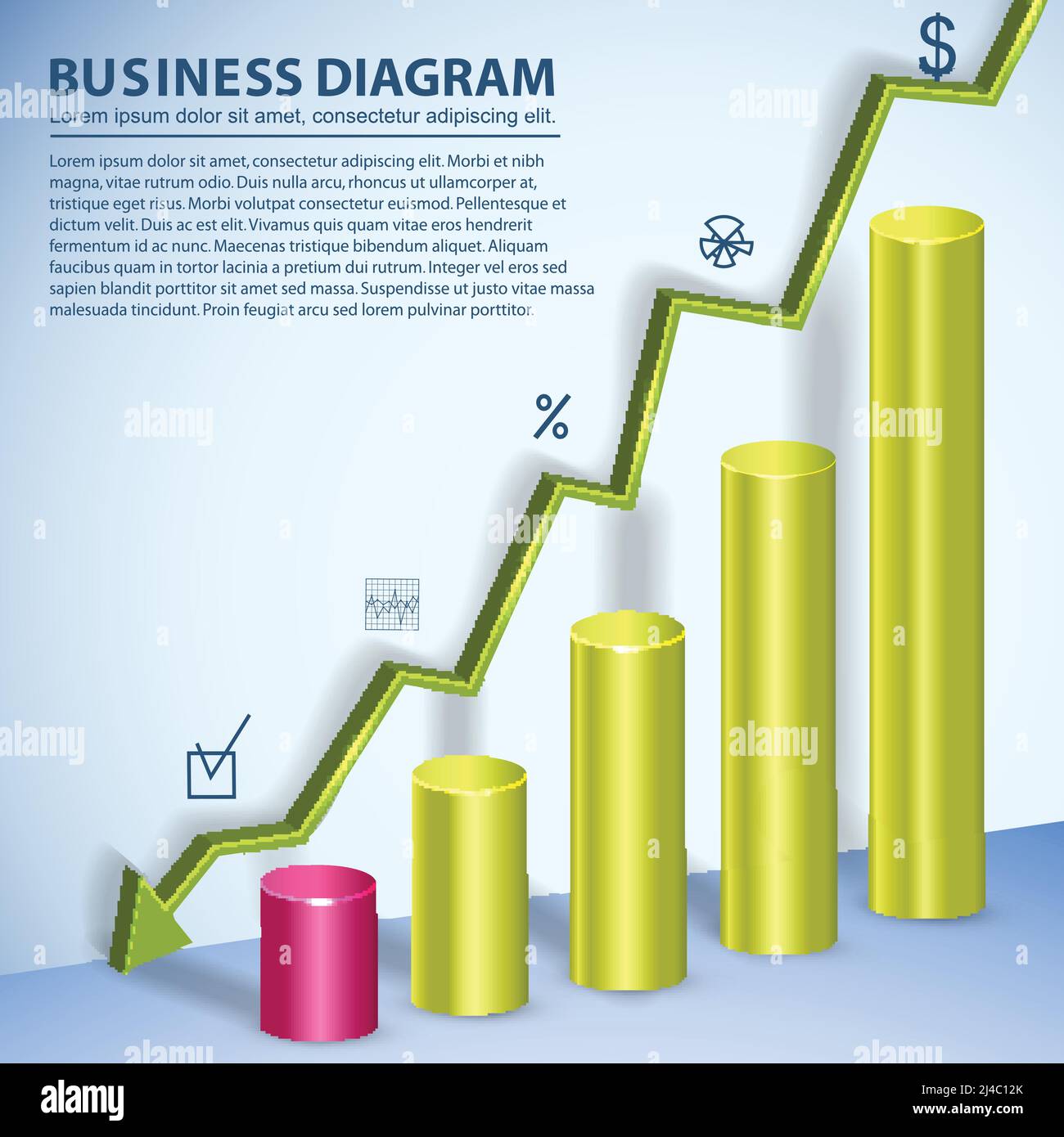 Colorful business diagram template with text fields showing decline ...