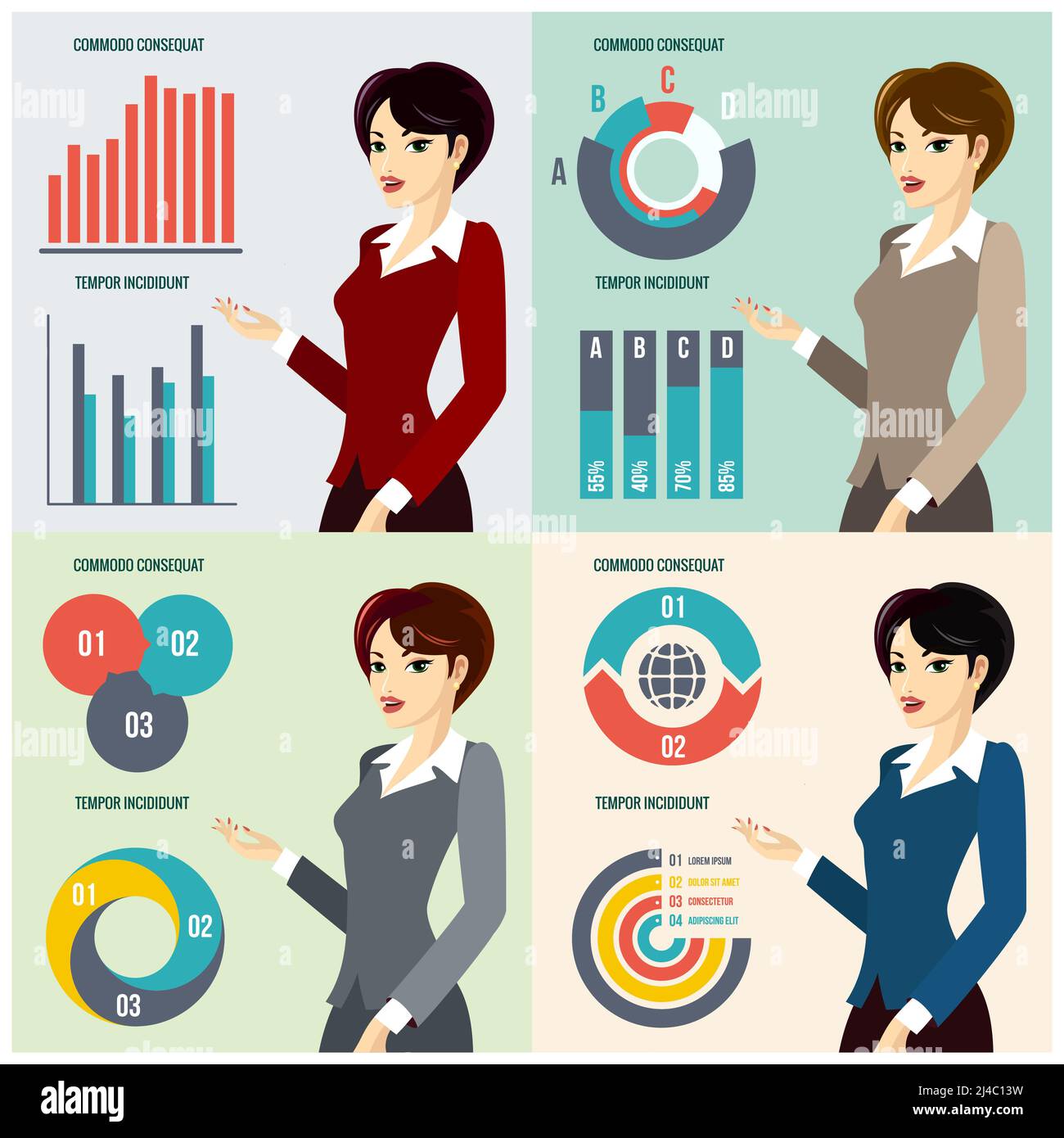 Vector business woman presenting business progress with diagrams and ...