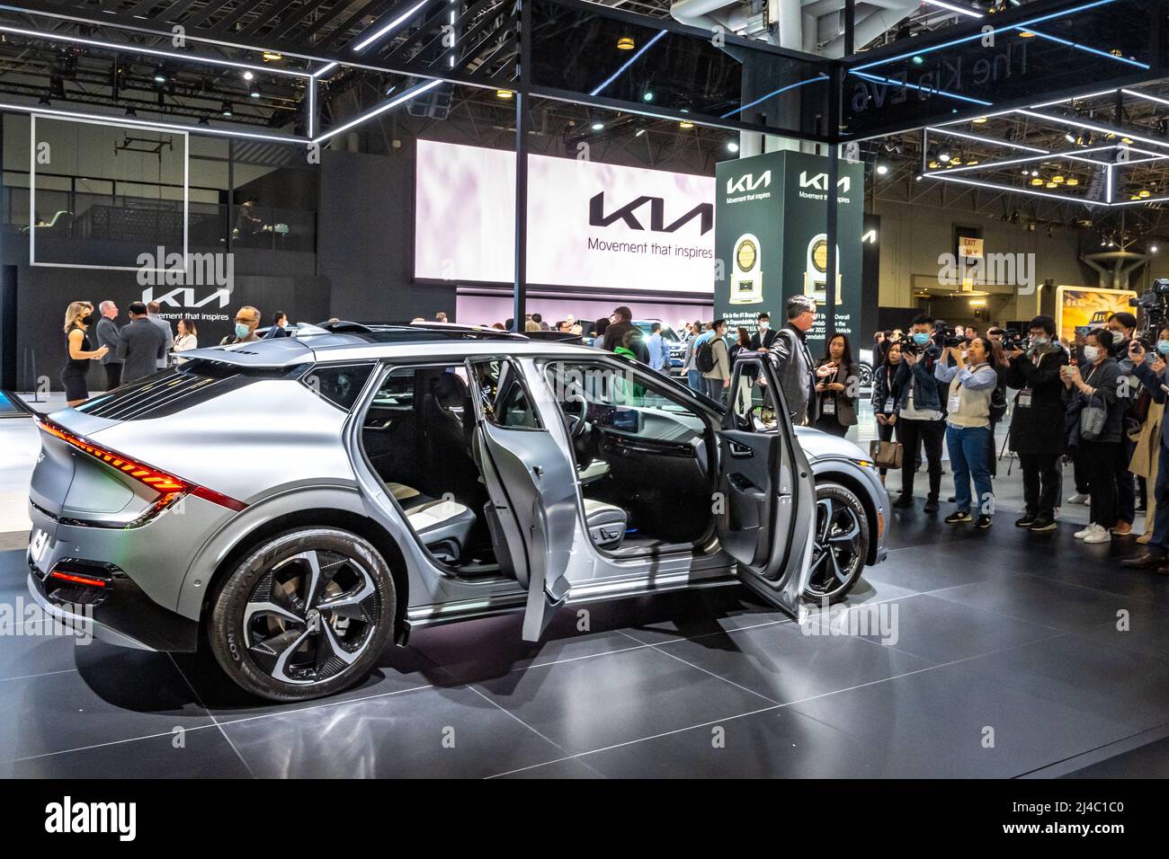 New York, USA. 13th Apr, 2022. New Kia models on display at the 2022 ...
