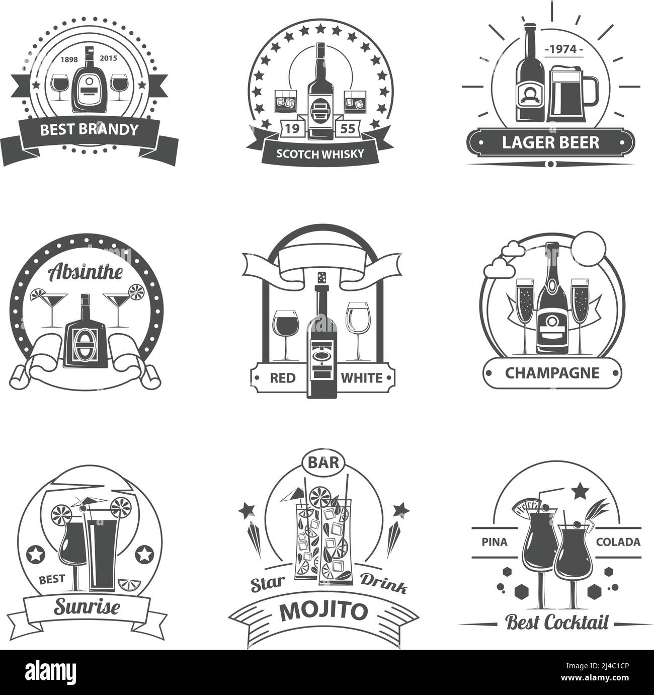 Cocktail label set with premium quality strong liquids beer and wine ...