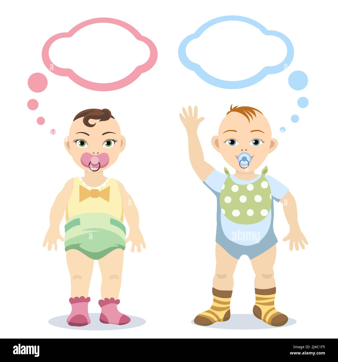 Baby boy and baby girl with speech bubbles isolated on white background ...