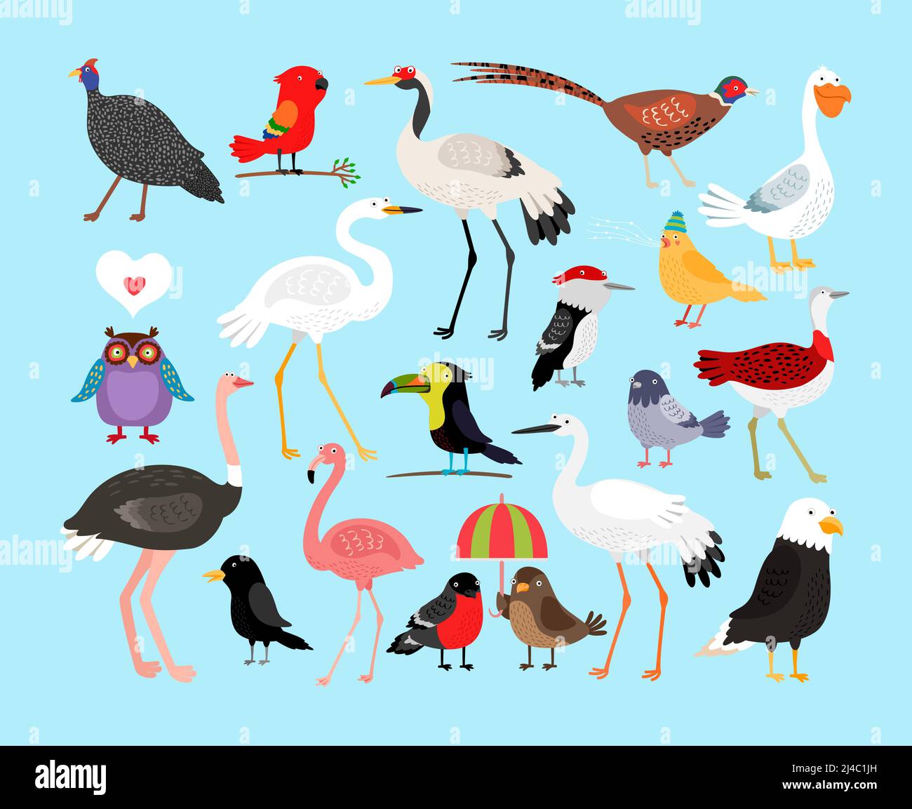 Cute vector birds. Eagle and heron, crow and flamingo, stork and parrot ...