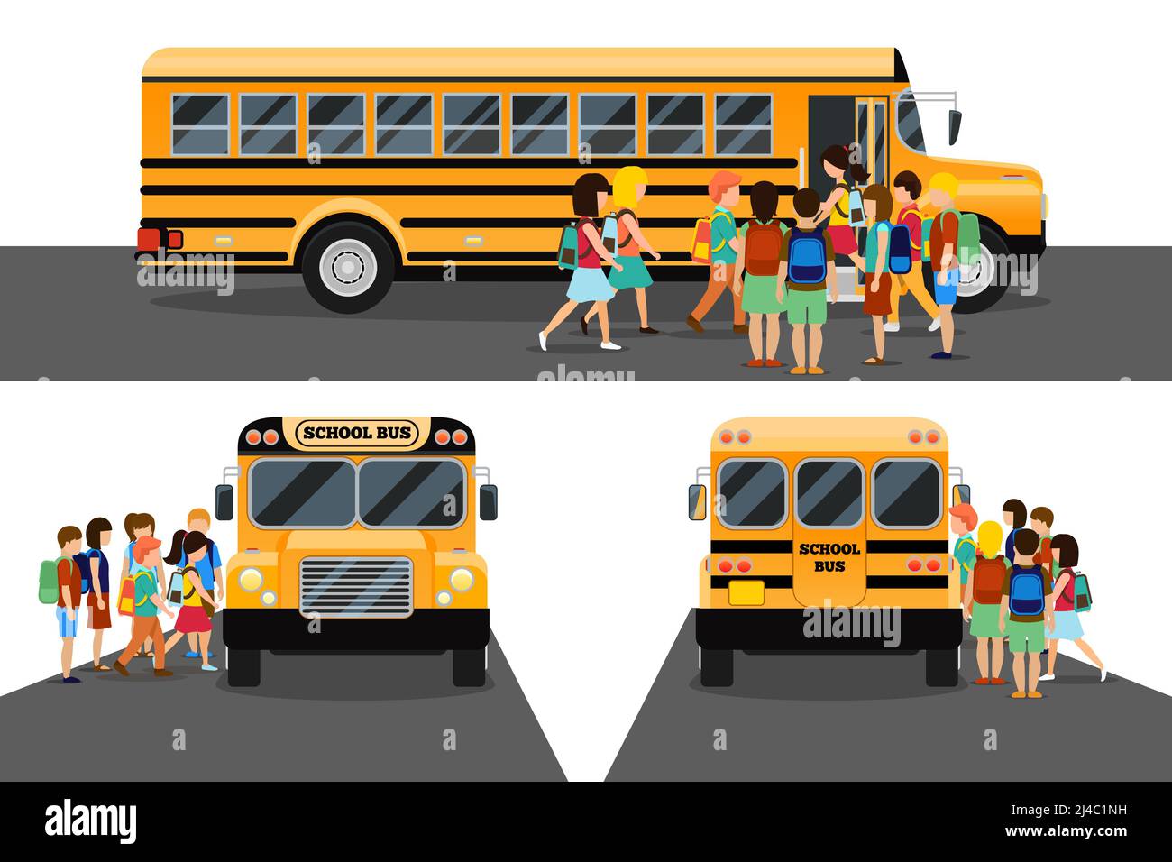 Children get on school bus. Transportation pupil or student, transport ...