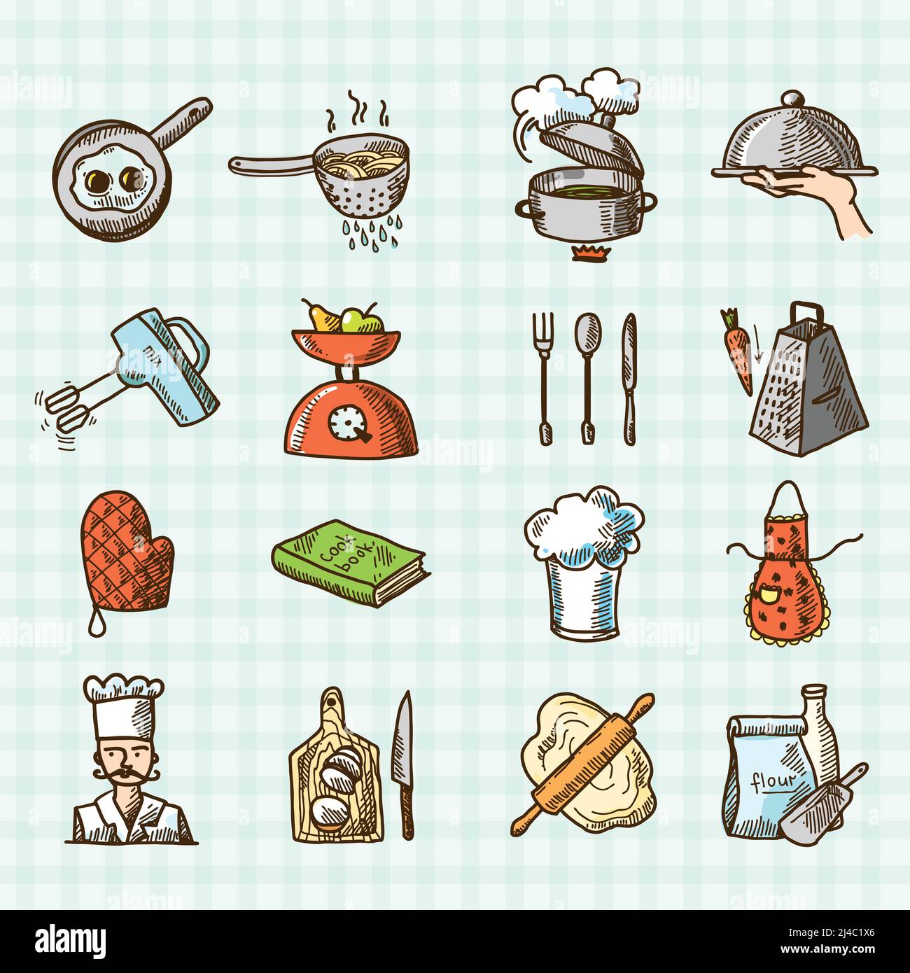 Cooking process delicious food sketch colored icons set isolated on ...