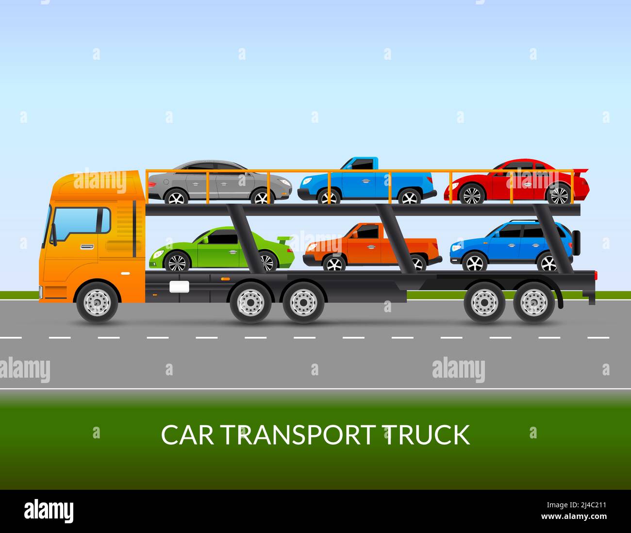 Car transport truck on the road with different types of cars flat ...