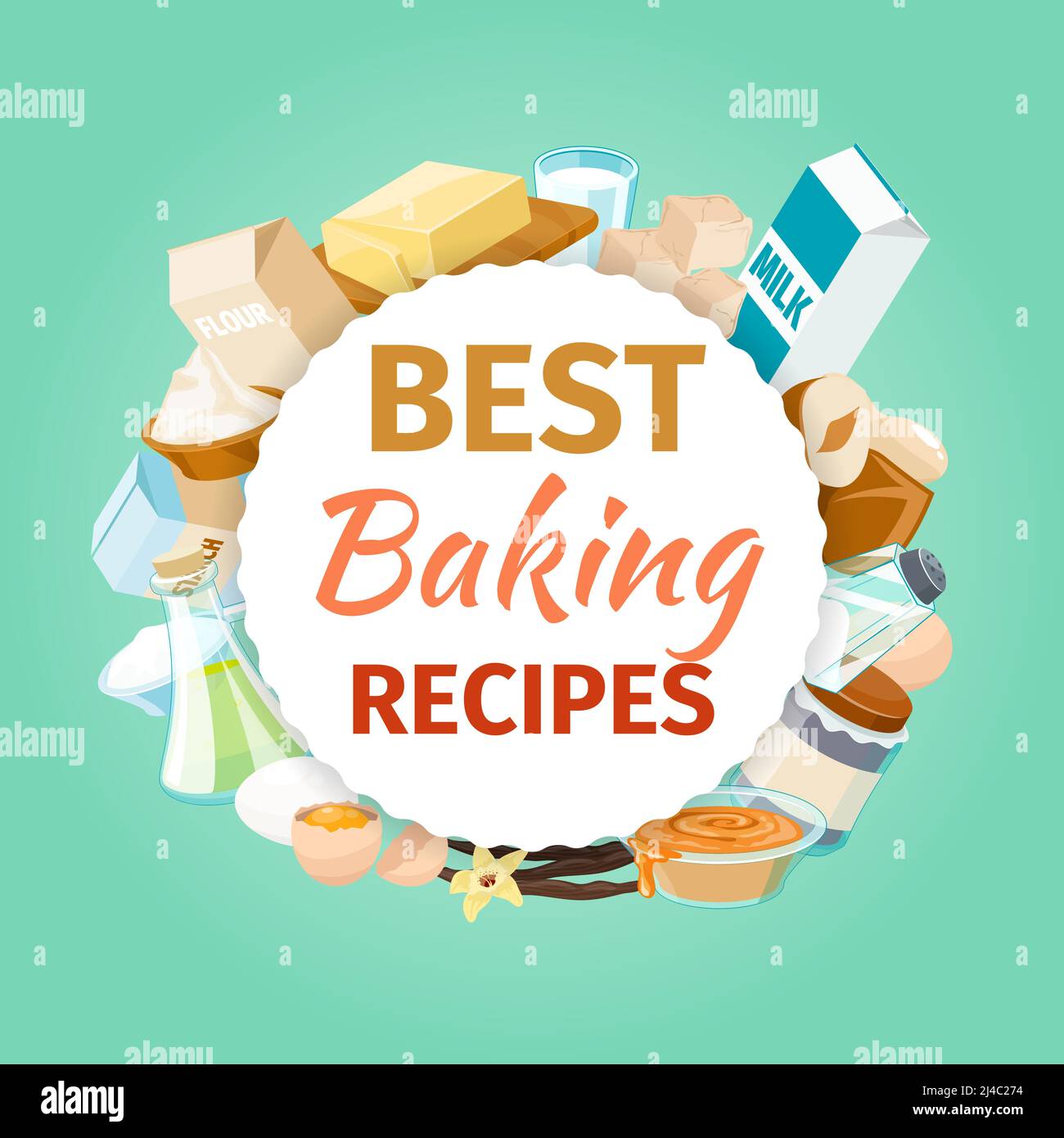 Baking vector background with food ingredients. Powder and food, recipe ...