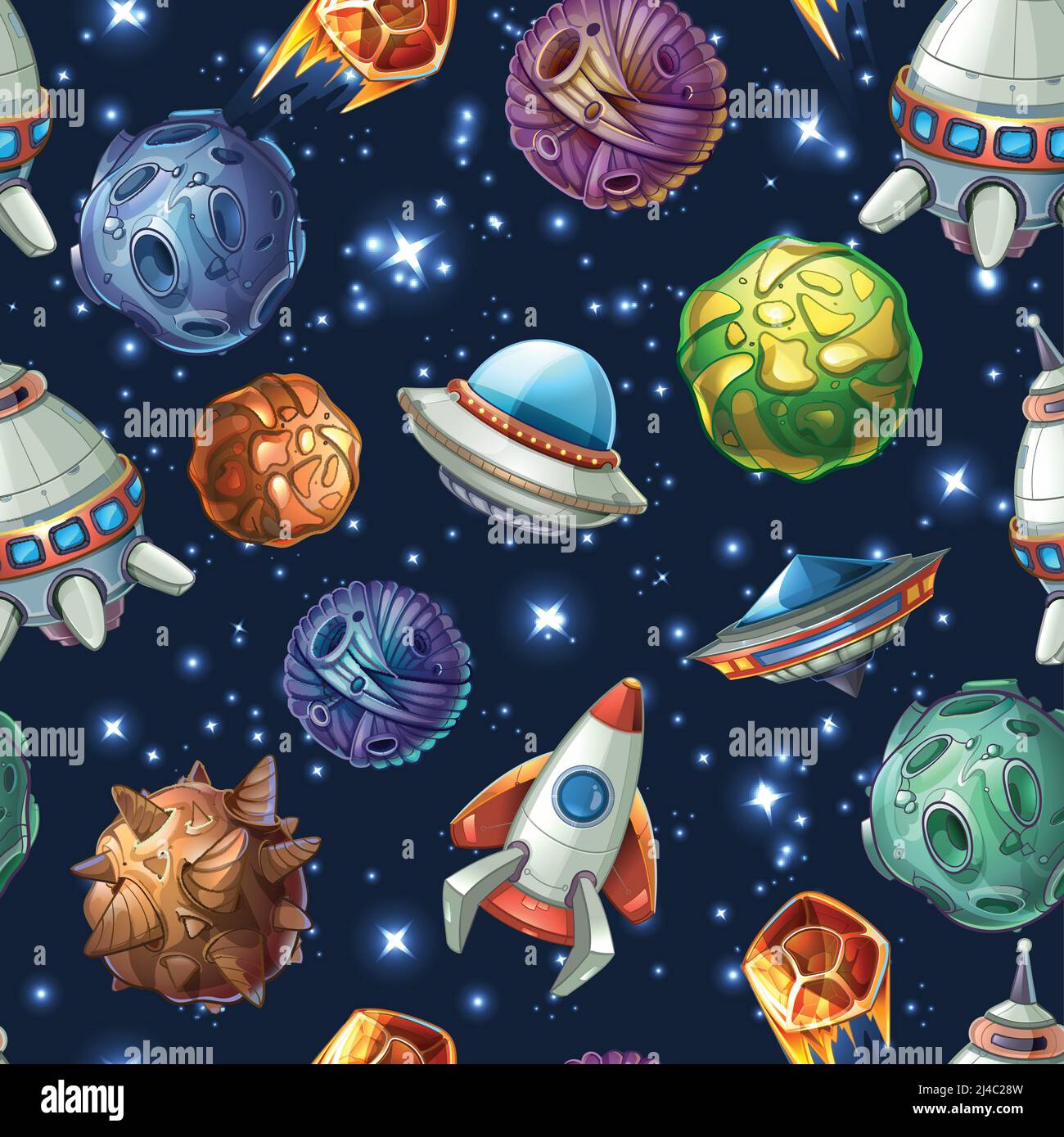 Comic space with planets and spaceships. Rocket cartoon, star and science design. Vector ...