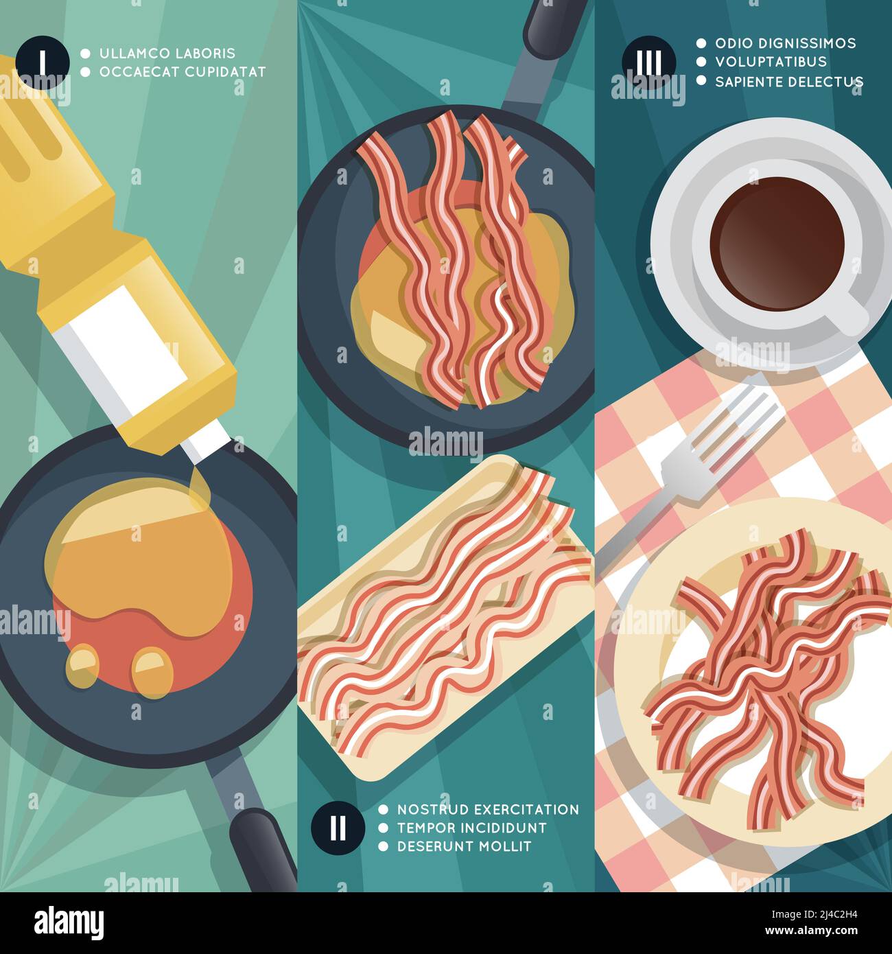 Cooking instruction of frying bacon. Pan and oil, coffee cup, meat and ...