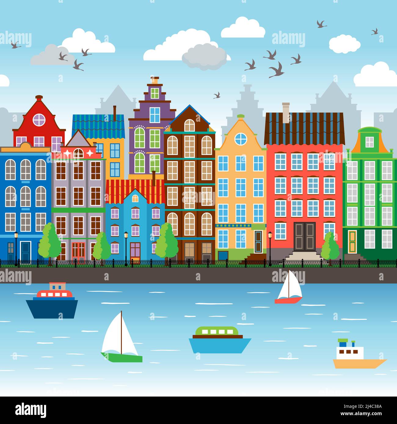 City on river. Embankment near the beautiful architectural ensemble ...