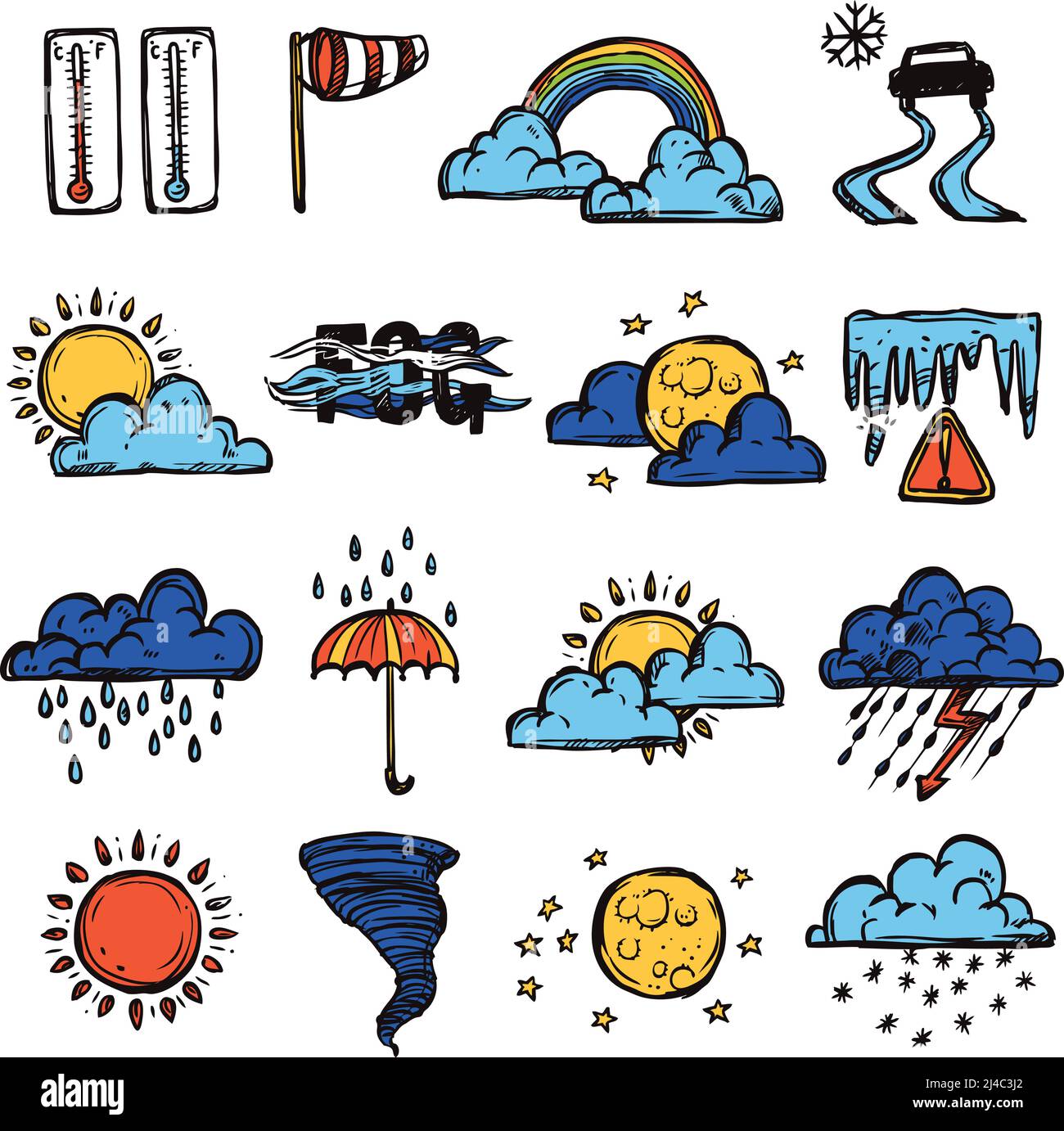 Weather forecast symbols color decorative hand drawn icons set isolated ...