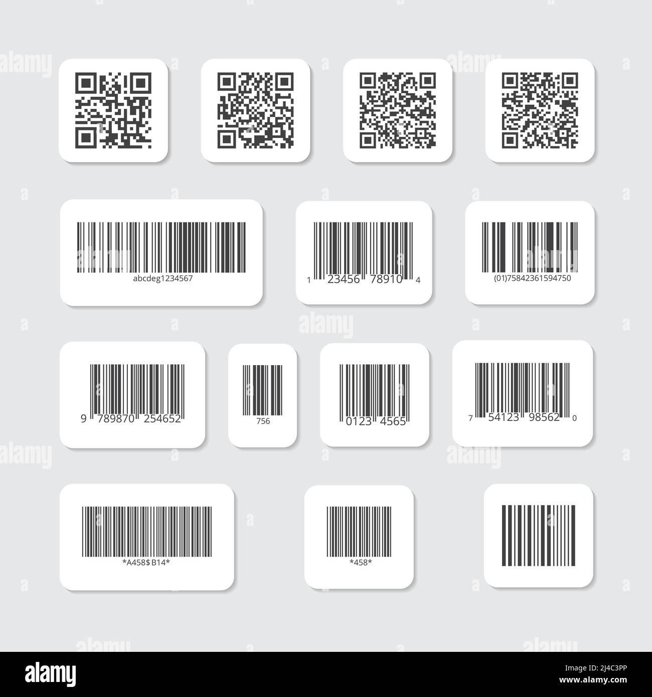Bar and QR codes on white vector stickers set. Label information data ...