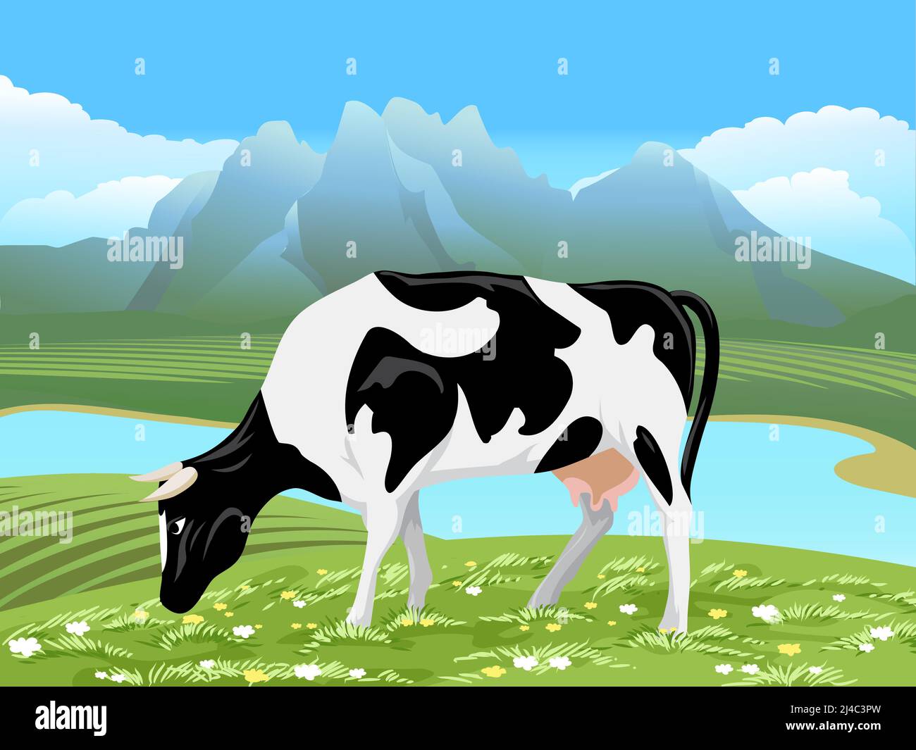Vector cow and rural meadow landscape. Cow grazing on green field with ...