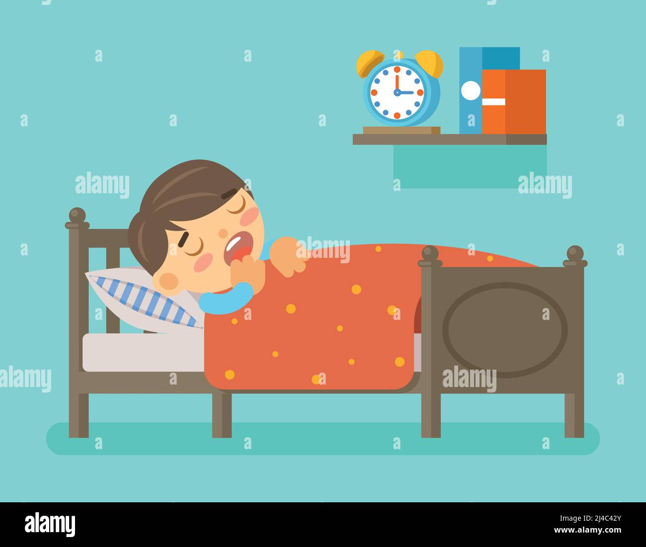 Boy sleeping in the bed. Bedtime and room with young kid, vector ...