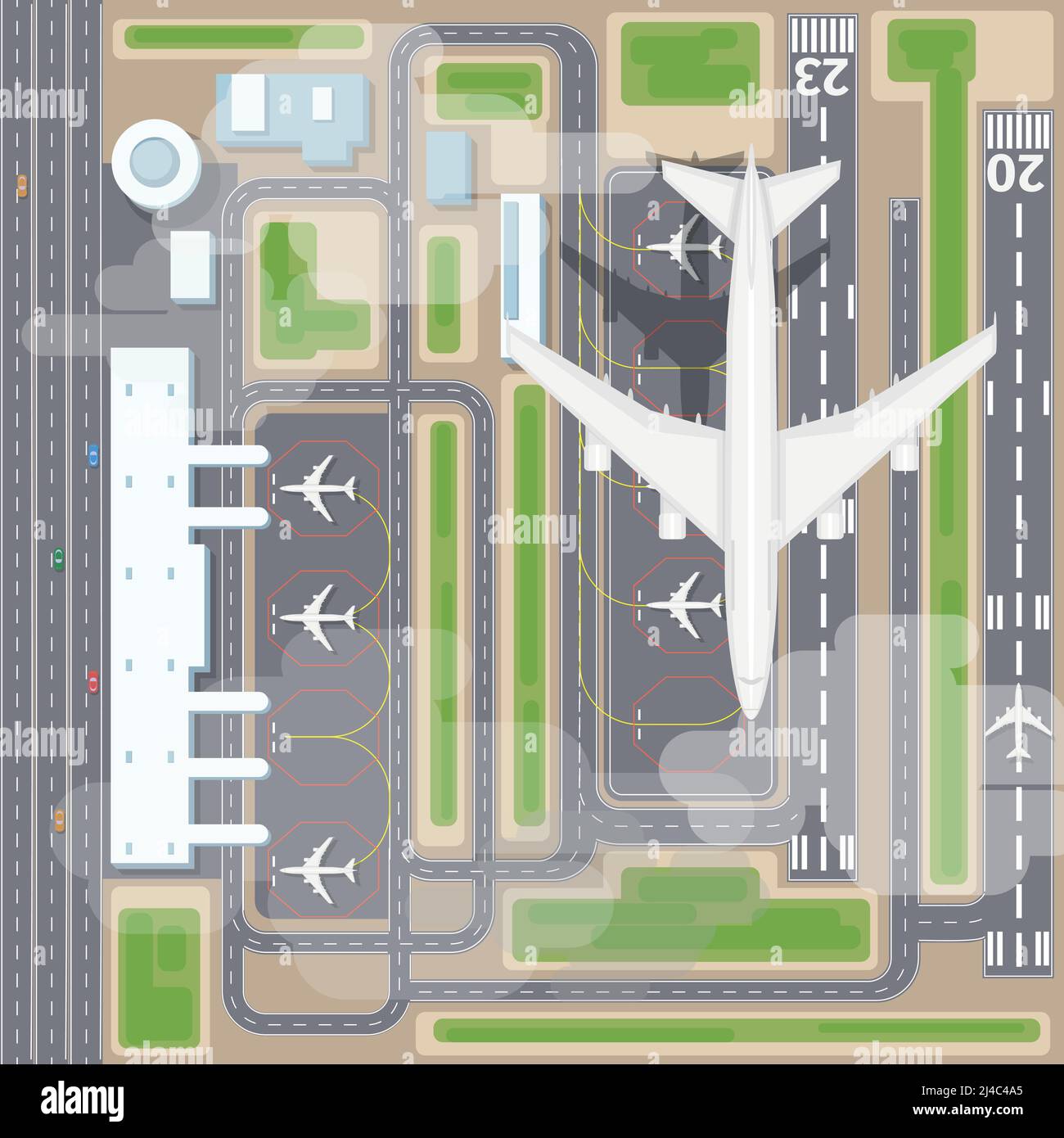 Airport landing strips top view. Aircraft and airplane, arrival ...