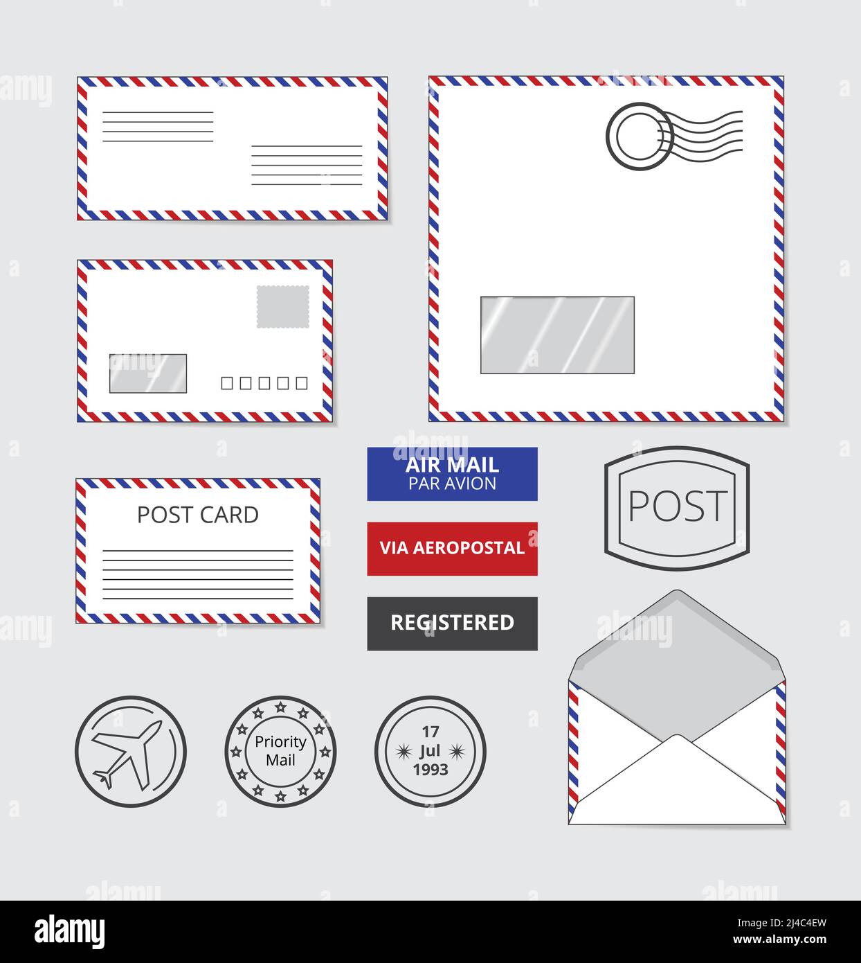 Airmail envelopes, postcard and badges set. Post stamp on letter ...