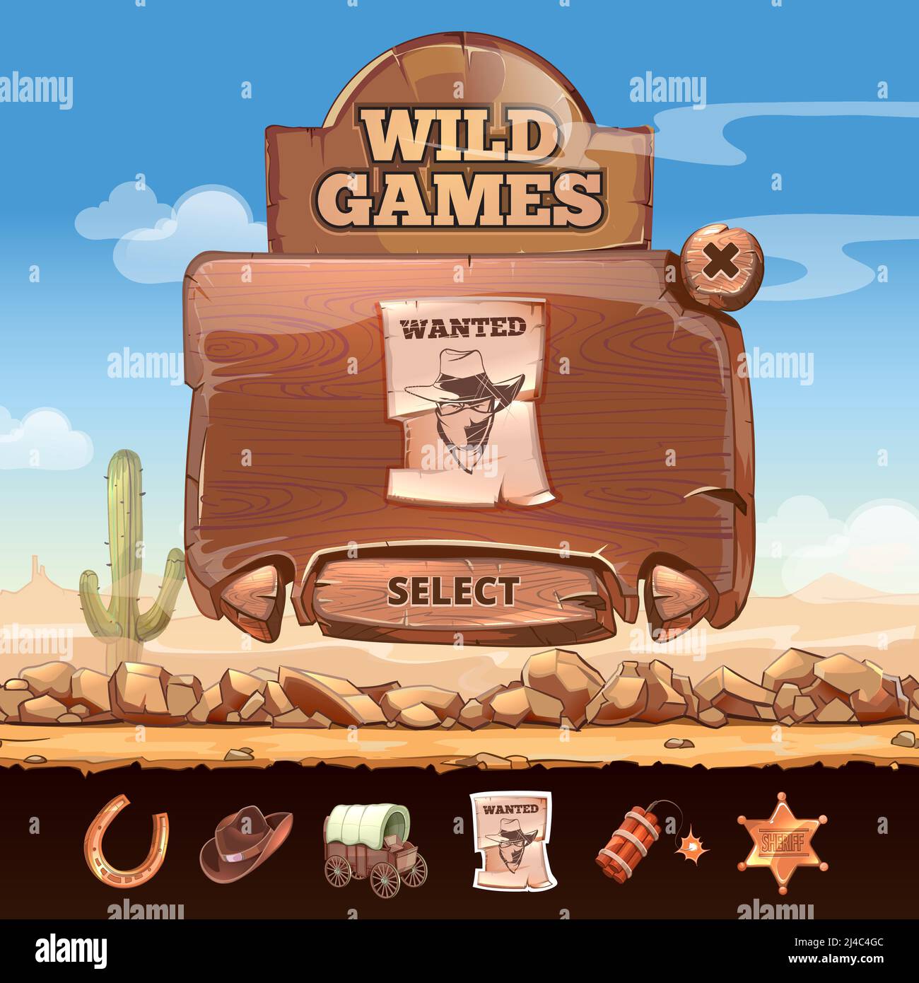 Wild West desert landscape background user interface UI cartoon style ...