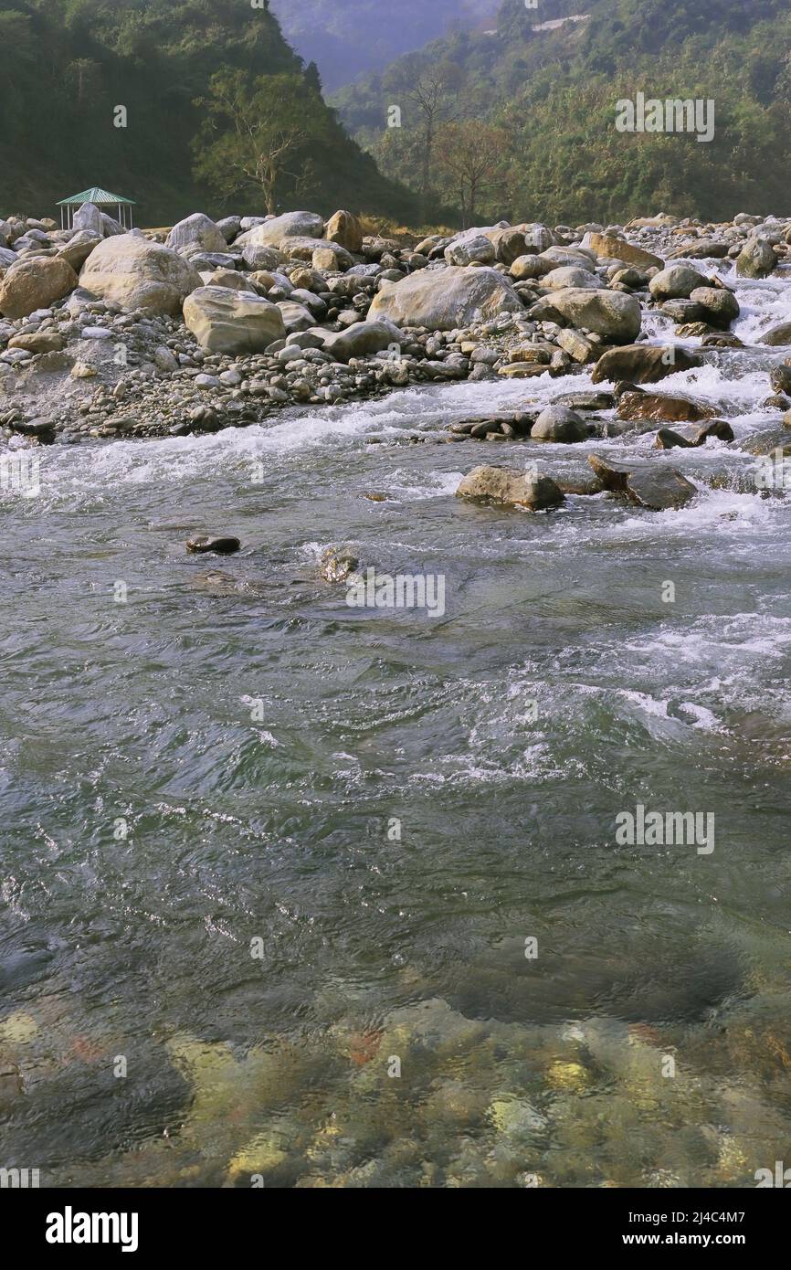 balason river is flowing through the boulders covered terai region at ...