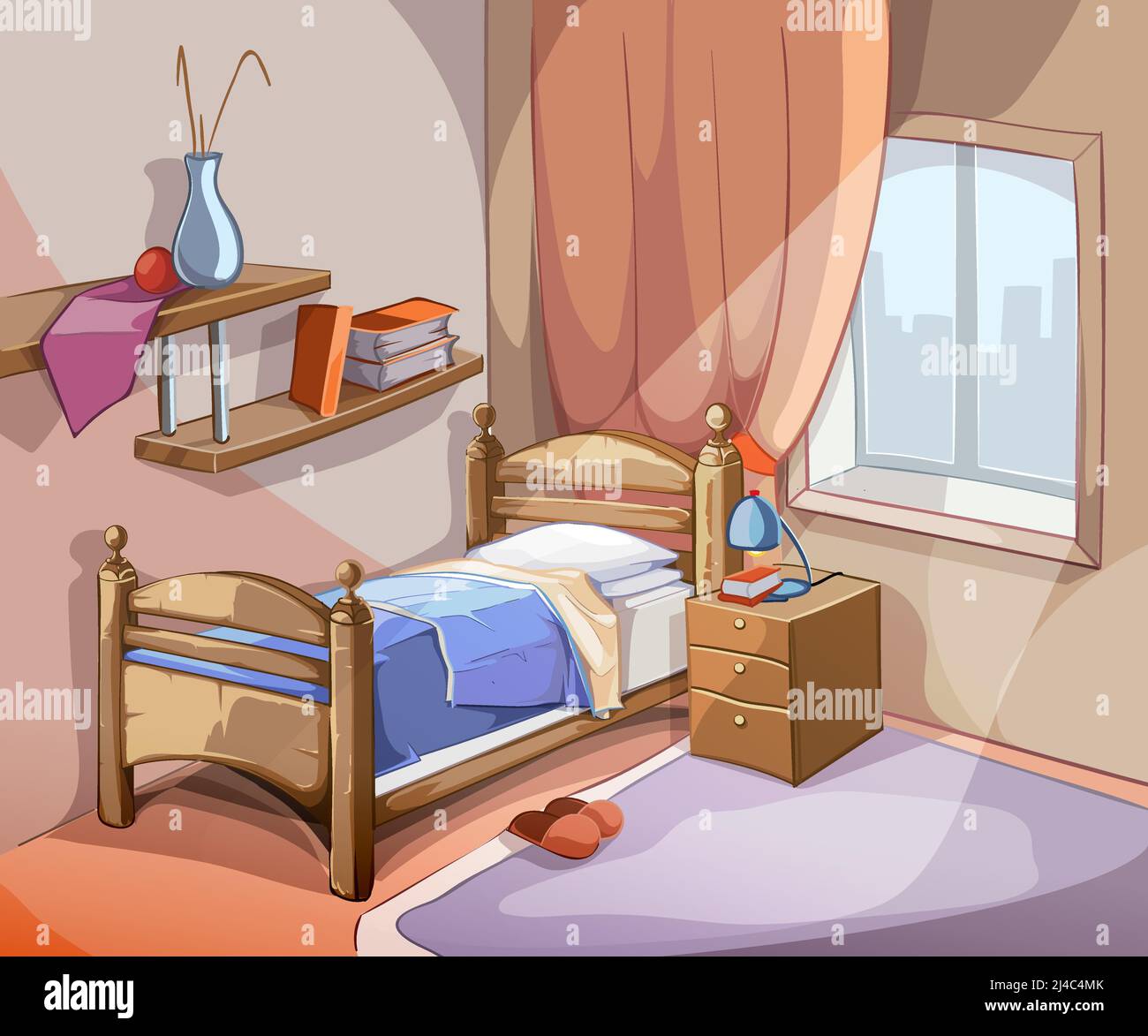 Bedroom interior in cartoon style. Furniture design bed indoor ...