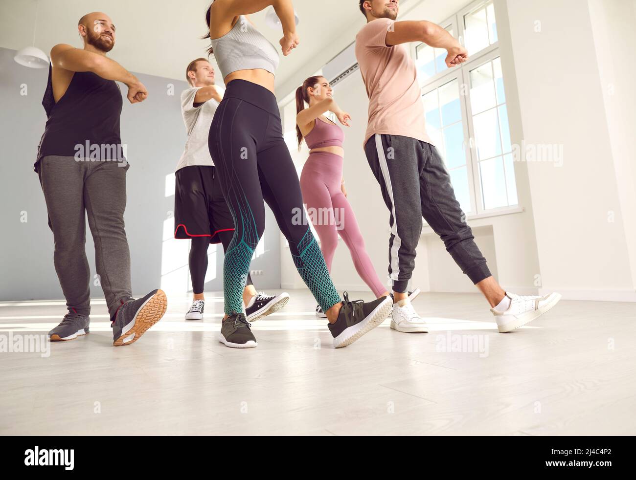 Group of fit young people having a dance or a fitness workout class ...