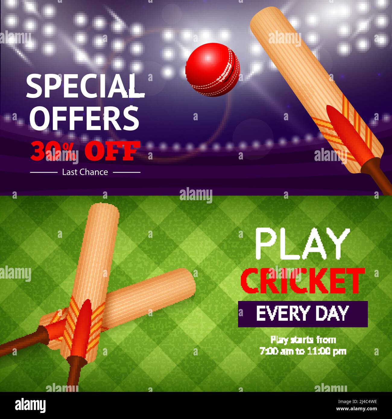Cricket horizontal banner set with sport bat and ball isolated vector ...