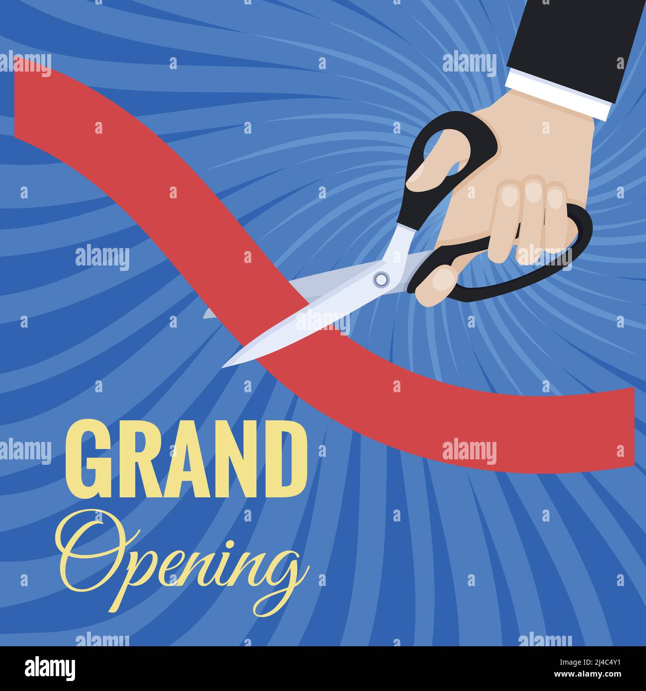 Card grand opening ceremony cut the red ribbon with scissors. Vector ...