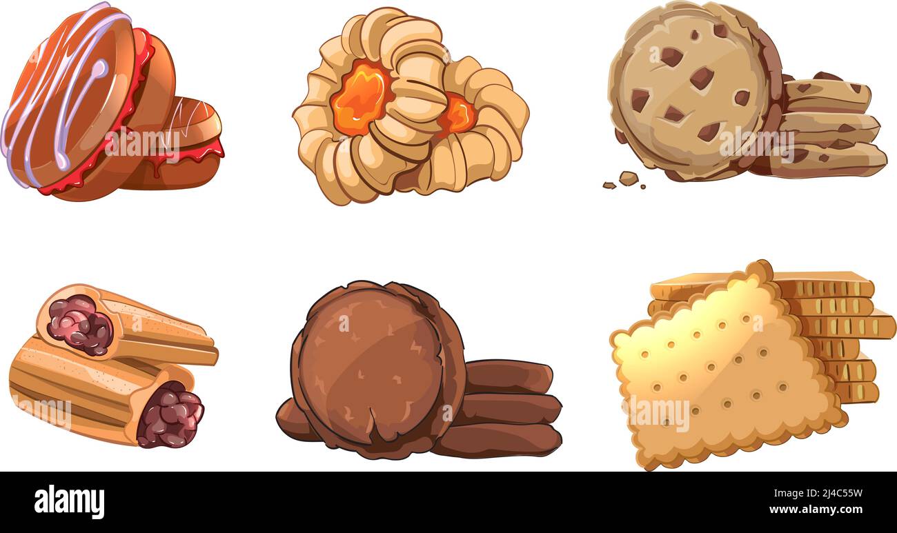 Cookies vector icons set in cartoon style. Bakery element, snack ...