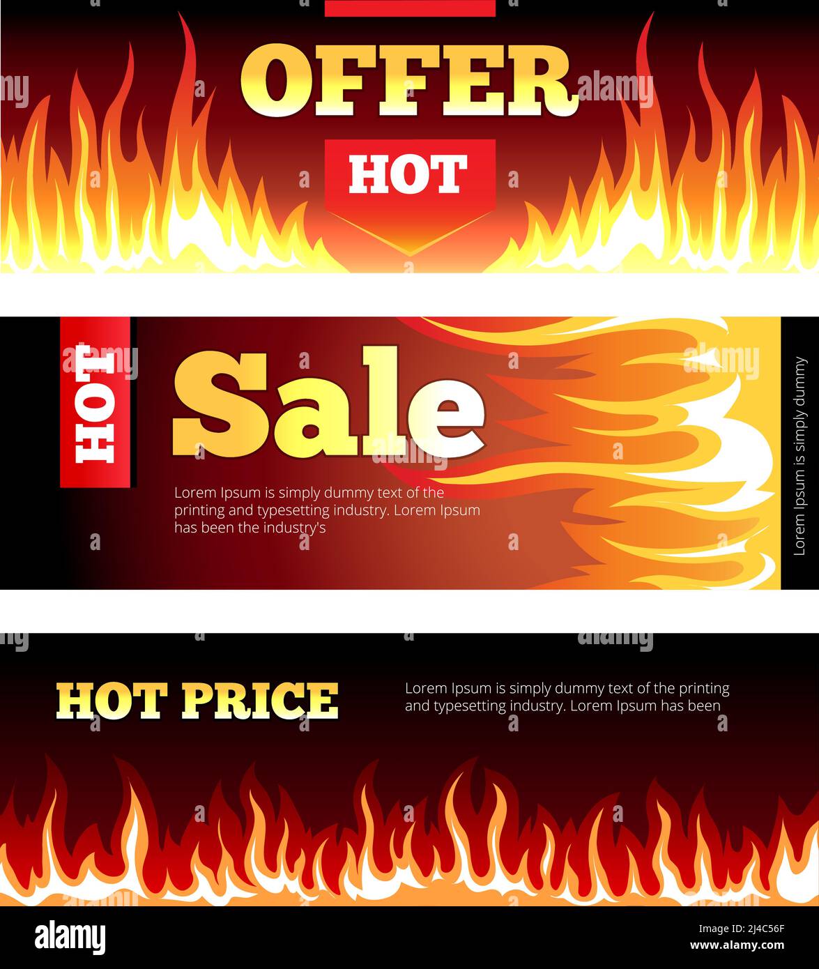 Burning fire hot sale horizontal banners vector set. Consumerism and ...