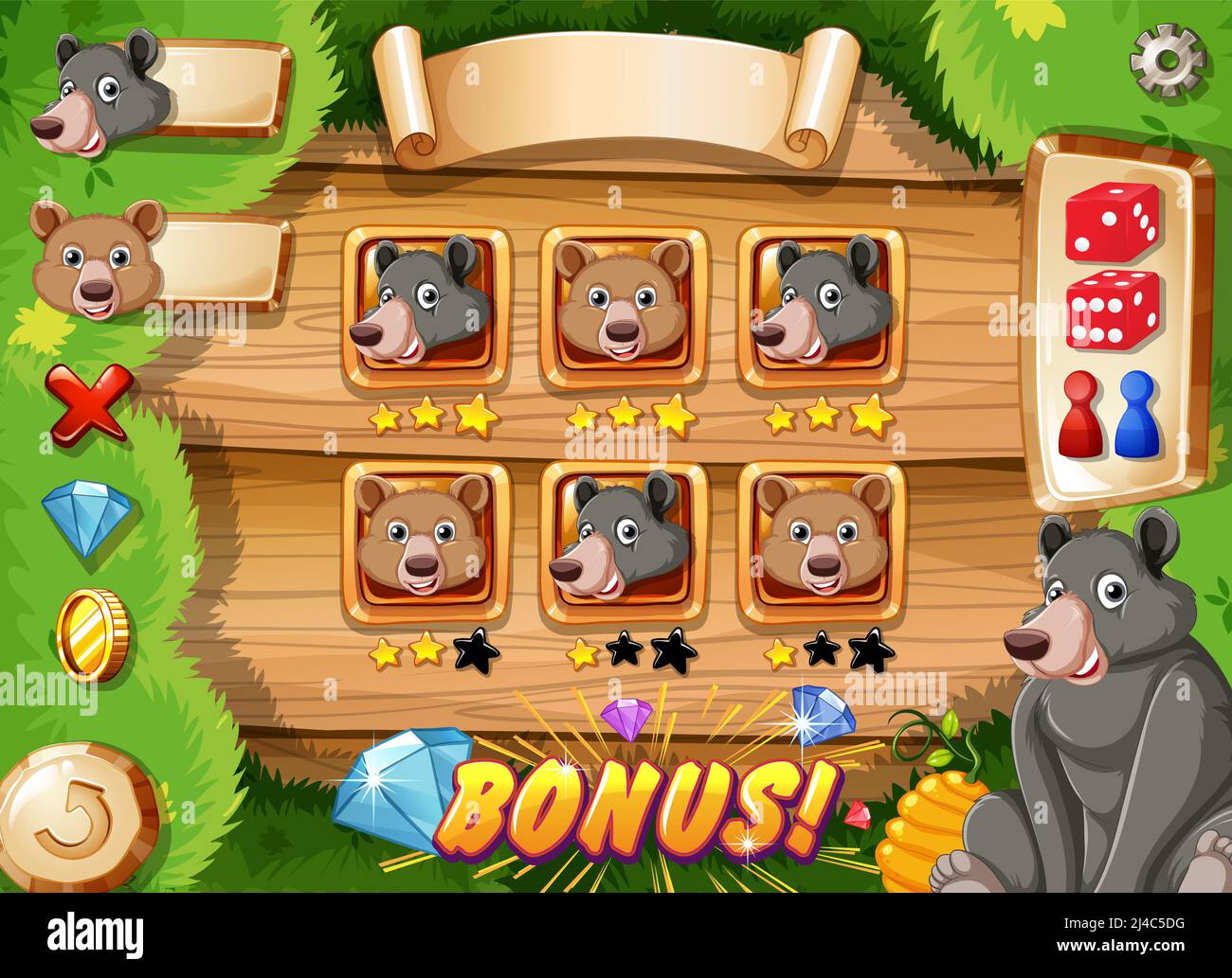 Game template design with bears in the woods illustration Stock Photo ...