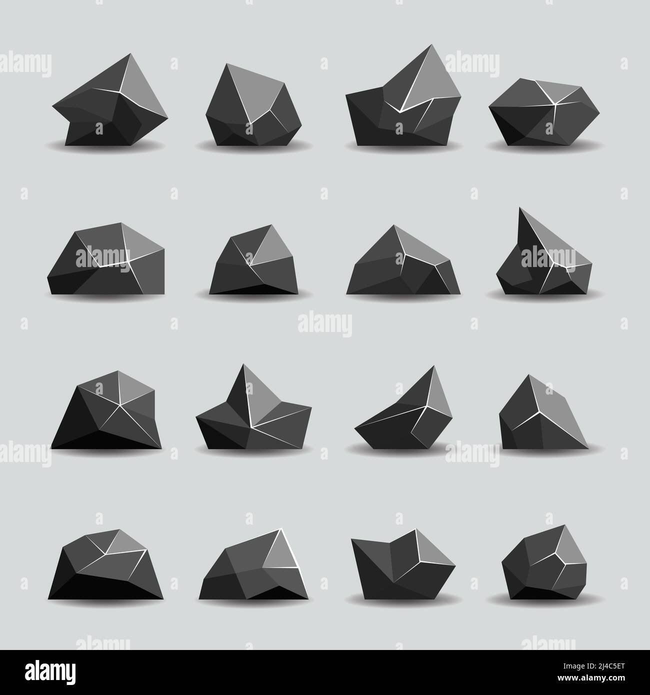 Black polygon stone and poly rocks. Geometric crystal, polygonal object ...