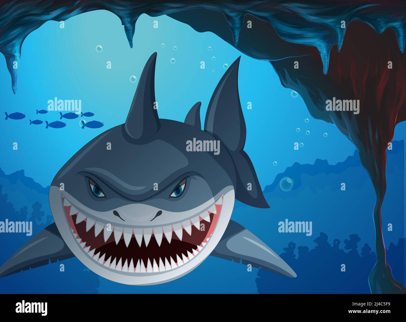 Aggressive shark underwater deep sea background illustration Stock ...