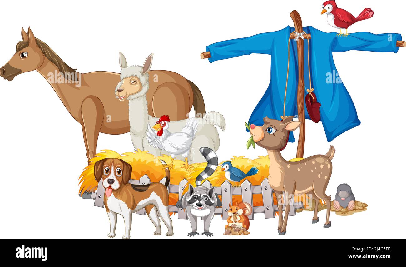 Farm animals standing by the fence illustration Stock Photo - Alamy